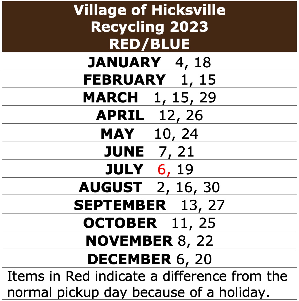 Village of Hicksville Recycling Calendar - Werlor Waste Control